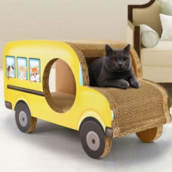 hplusmall 스쿨버스모양 고양이 스크래처 반려묘 집 방석 애완묘 - 핫트랙스