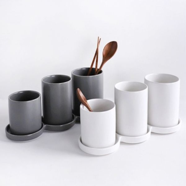 kitchen malling 모더니티 도자기 물빠짐 3구 수저통 2color - 핫트랙스