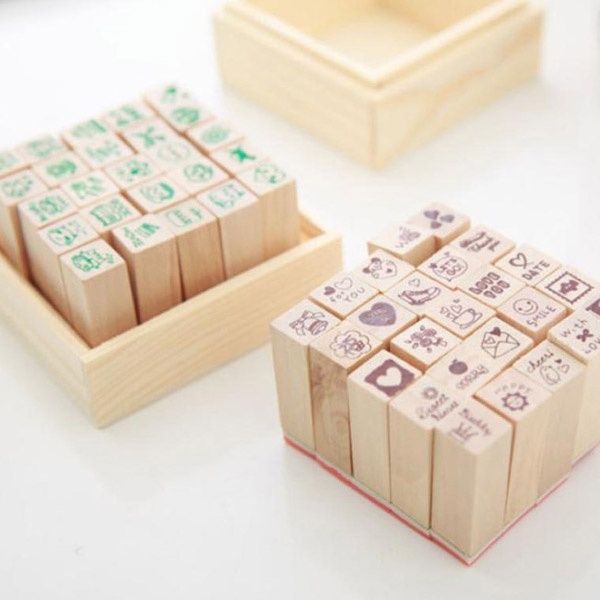 everyhome 나무케이스 미니 우드 스템프 25종 세트 2type - 핫트랙스