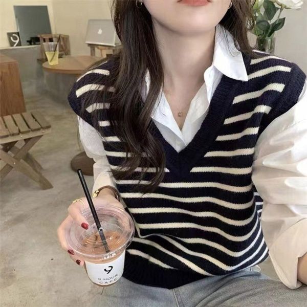 hplusmall 깔끔한 스트라이프 필수 소장각 베이직 브이넥 조끼[W - 핫트랙스