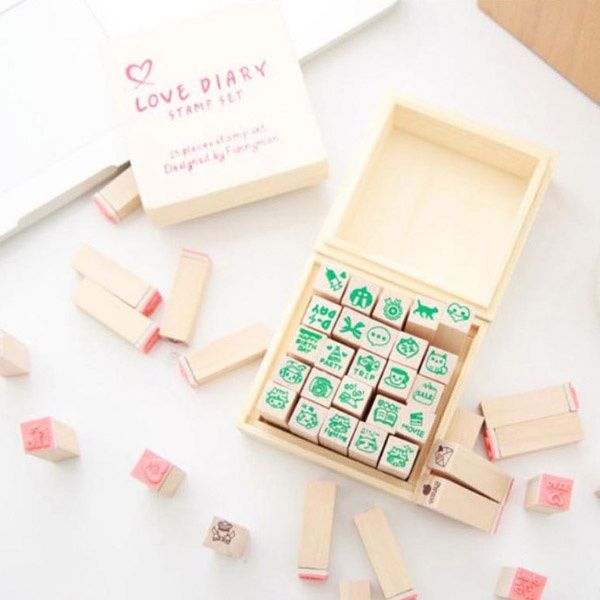 everyhome 나무케이스 미니 우드 스템프 25종 세트 2type - 핫트랙스