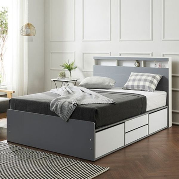 shoppingplan LED USB 4칸서랍 침대프레임 (메이플그레이) (퀸) - 핫트랙스