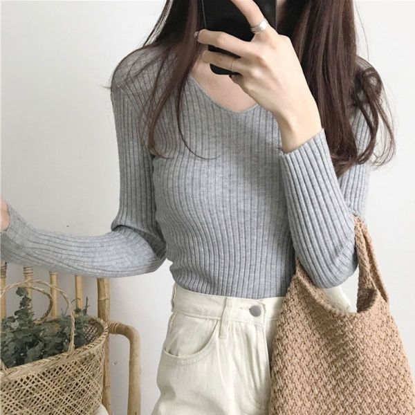 hplusmall 부드러운 데일리 브이넥 골지 니트 일상복 슬림핏[WCC - 핫트랙스