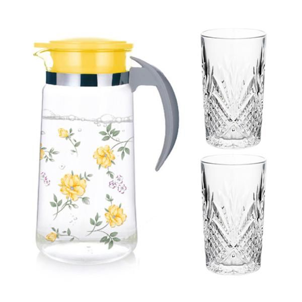 아트웨어 유리 꽃물병 1.4L (옐로우)+유리잔 250ml 2P 투명물병 - 핫트랙스