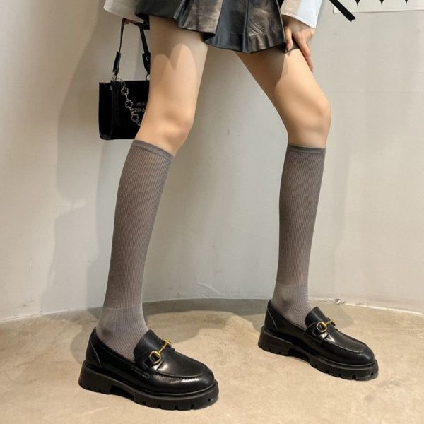 hplusmall 시스루 골지 4컬러 니삭스 롱 주름 하이틴 교복양말[W - 핫트랙스