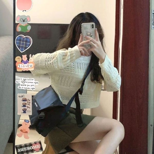 hplusmall 시원한 예쁜 여자 여름 크롭 그물 니트 긴팔 티셔츠[W - 핫트랙스