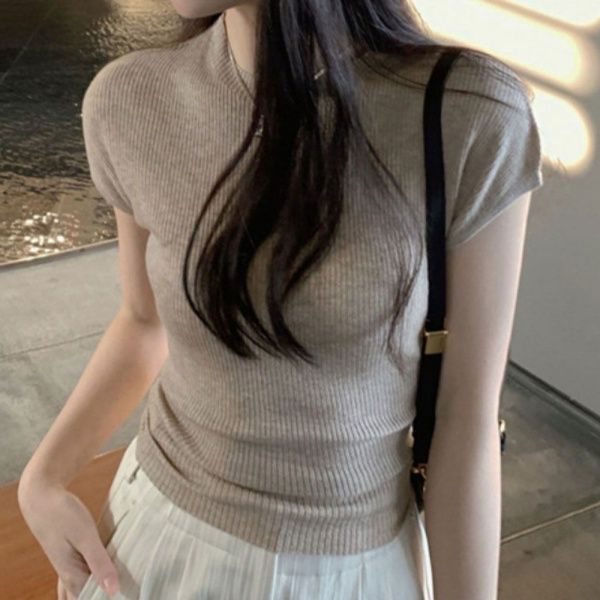 hplusmall 캡소매 니트 뒷트임 스트링 슬림핏 캐주얼 데이트룩[W - 핫트랙스