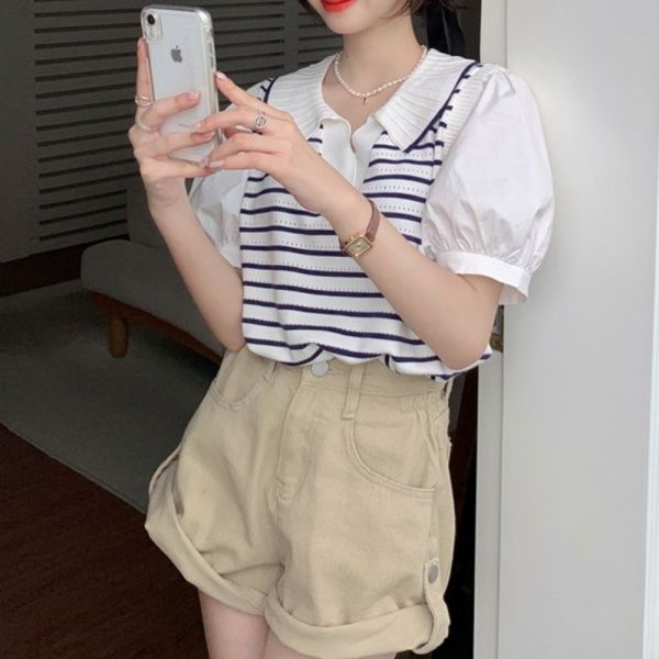 hplusmall 스트라이프 디자인 독특한 넥카라 귀여운 반팔티 - 핫트랙스