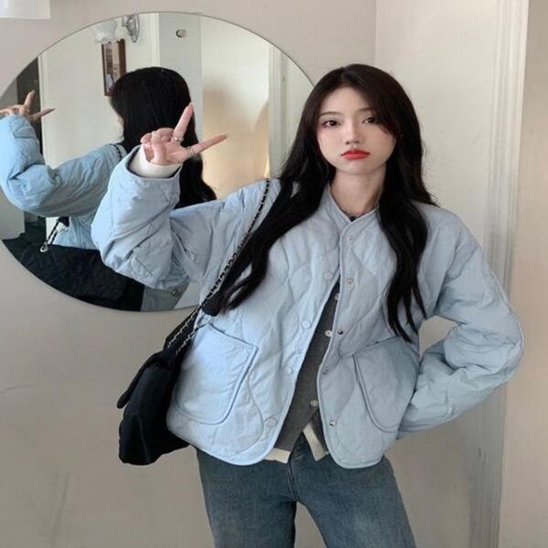 hplusmall 루즈핏 물망울 무늬 라운드넥 가벼운 퀄팅 패딩 잠바[ - 핫트랙스