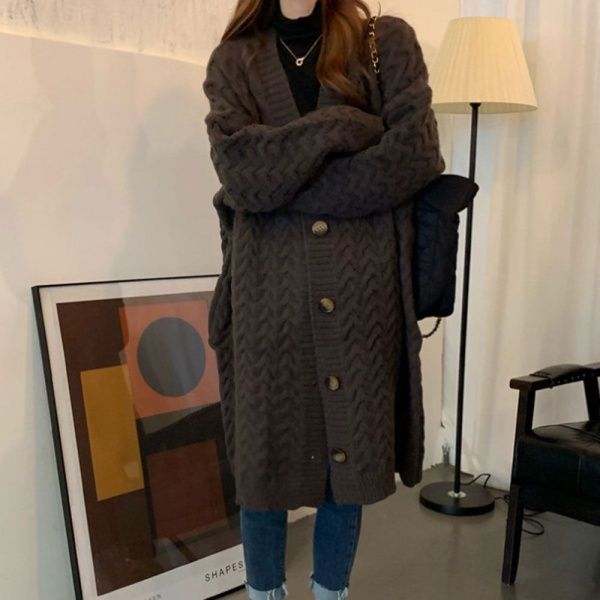 hplusmall 3컬러 꽈배기 니트 롱 가디건 금장 단추 아우터 활용[ - 핫트랙스